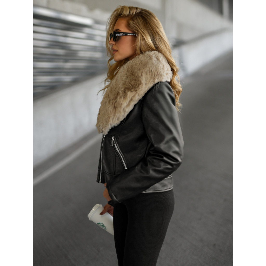 Moteriška juoda odinė striukė su rusvu kailiuku Laser - JS/61M8508/392B